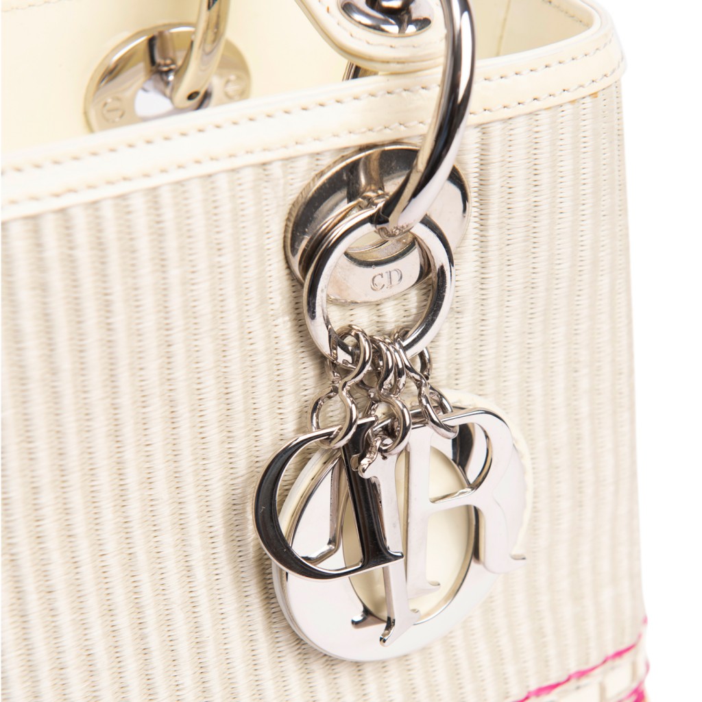 Christian Dior Pink/Cream Raffia Woven Medium Lady Dior Tote - LabelCentric